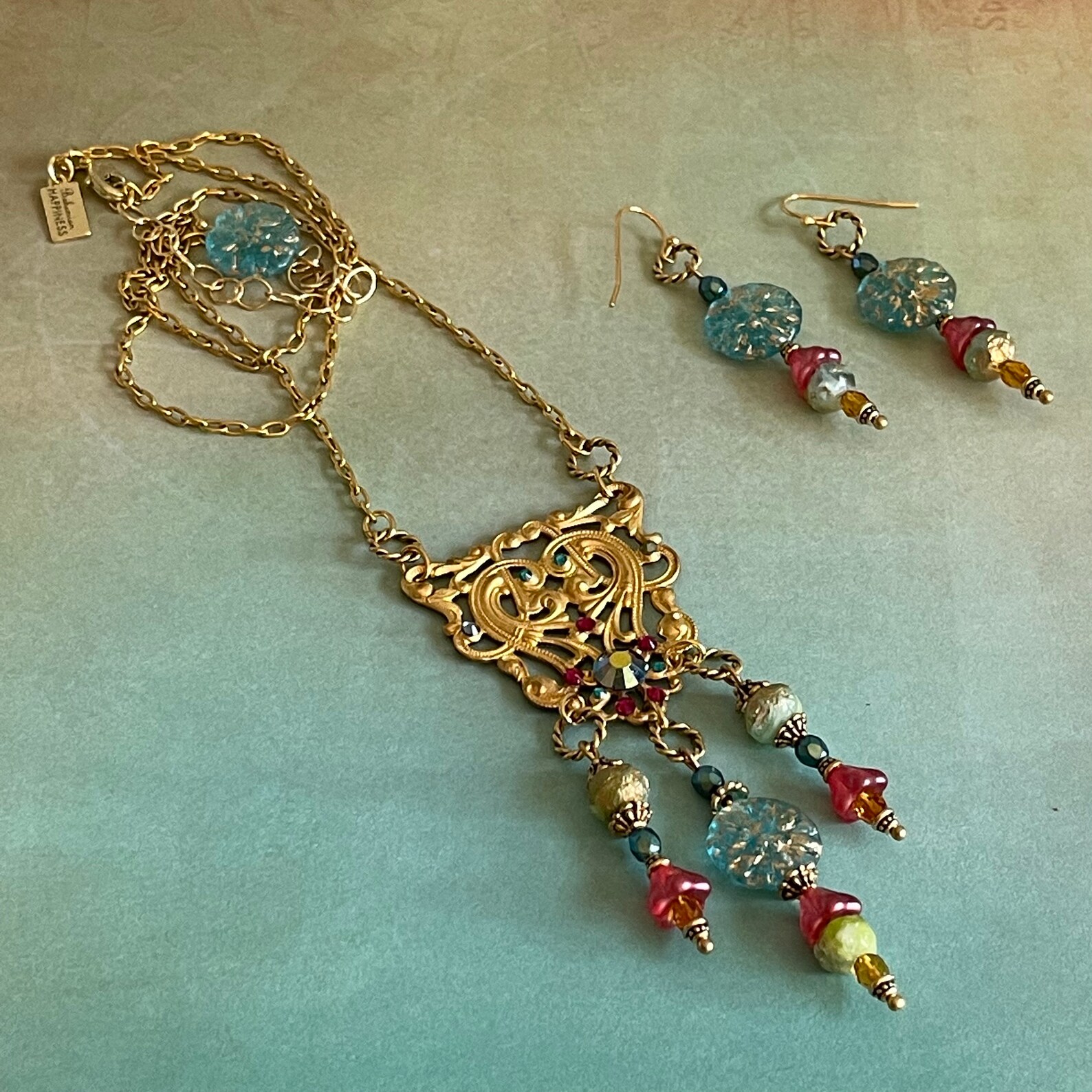 Ornate Brass Pendant Necklace/earring Set With Swarovski® - Etsy Canada