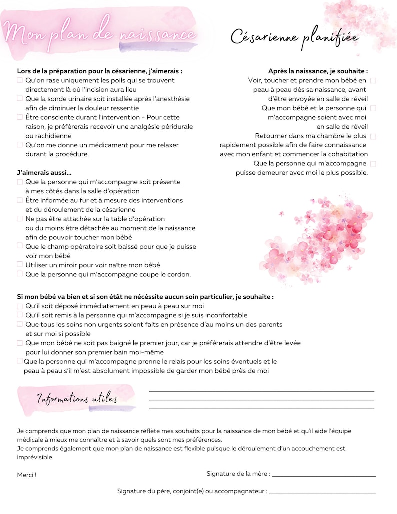 Plan De Naissance - Français - PDF Pour Impression - Etsy