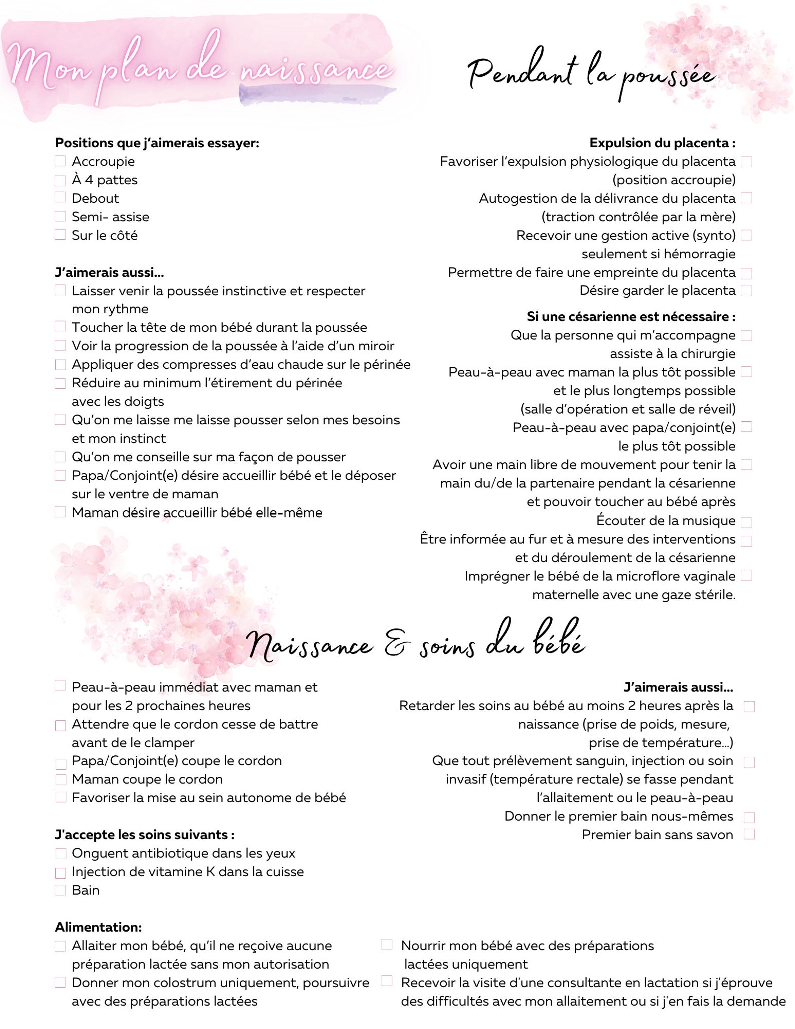 Plan De Naissance - Français - PDF Pour Impression - Etsy
