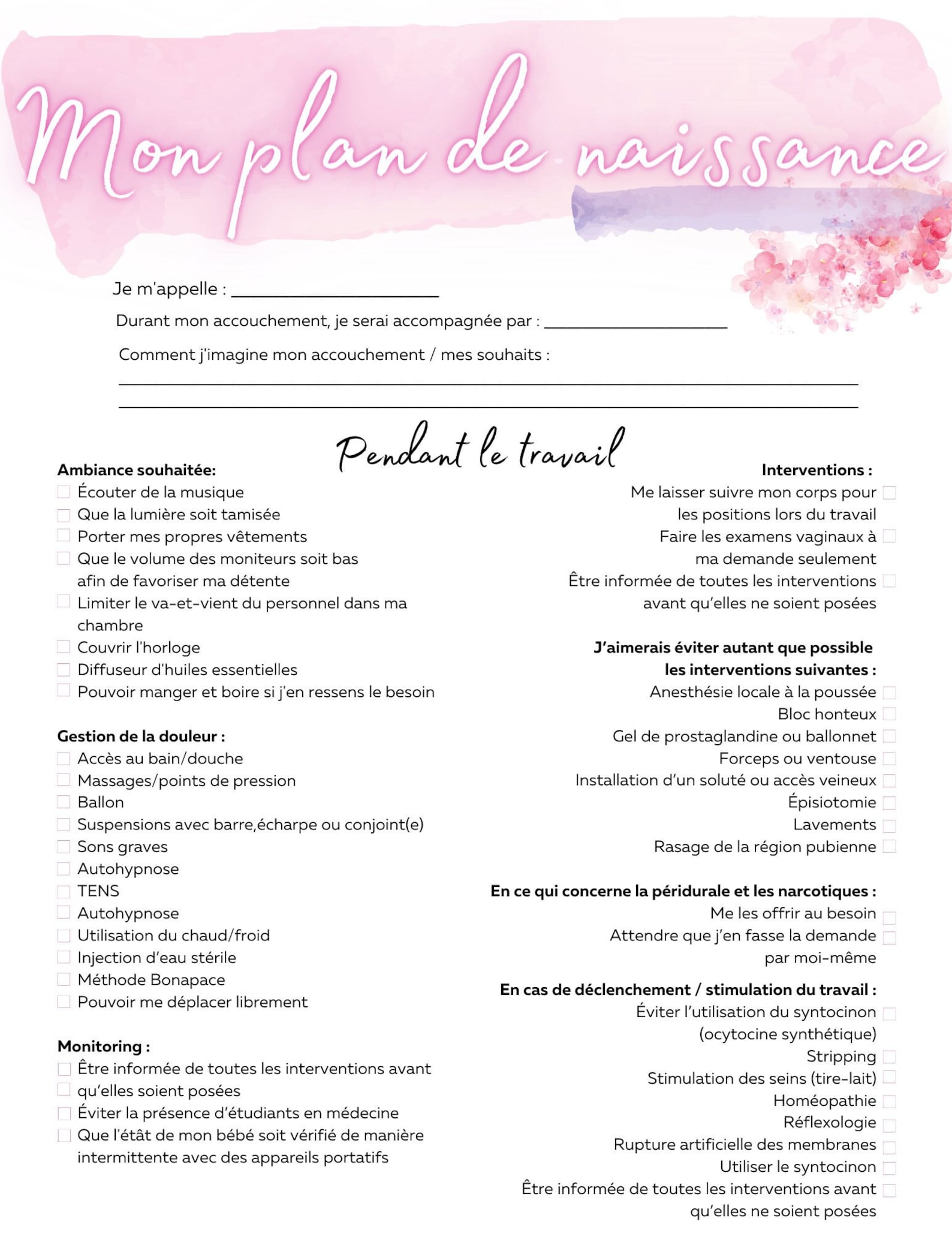 Plan De Naissance - Français - PDF Pour Impression - Etsy