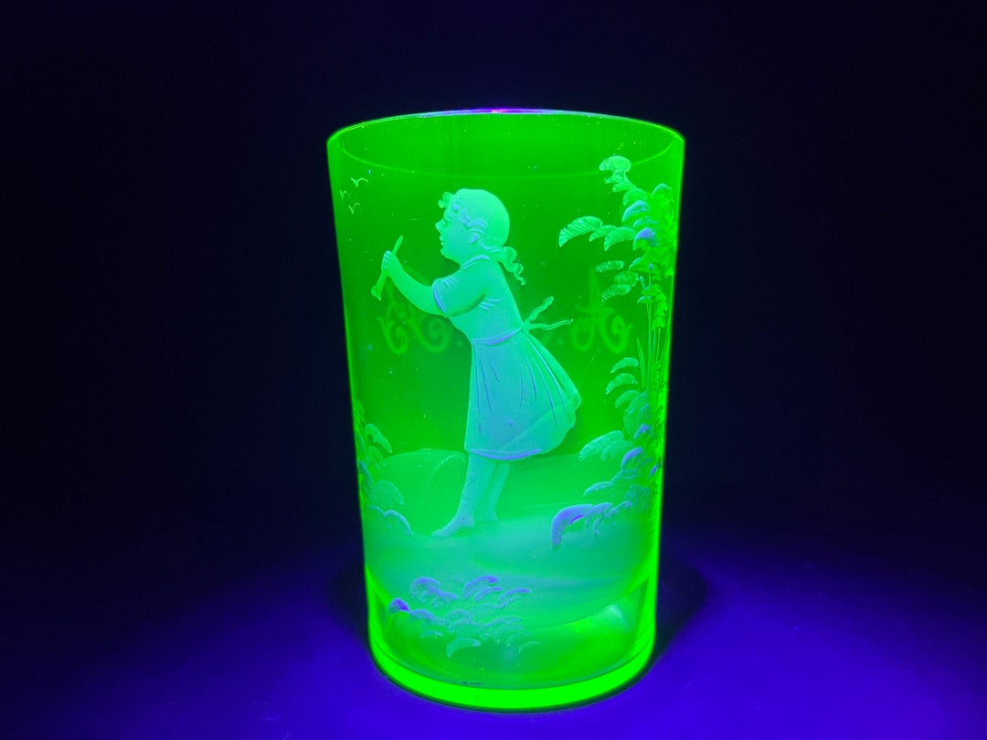 Mary Gregory Victorian Uranium Green Small Cup With Applied Enamel ...