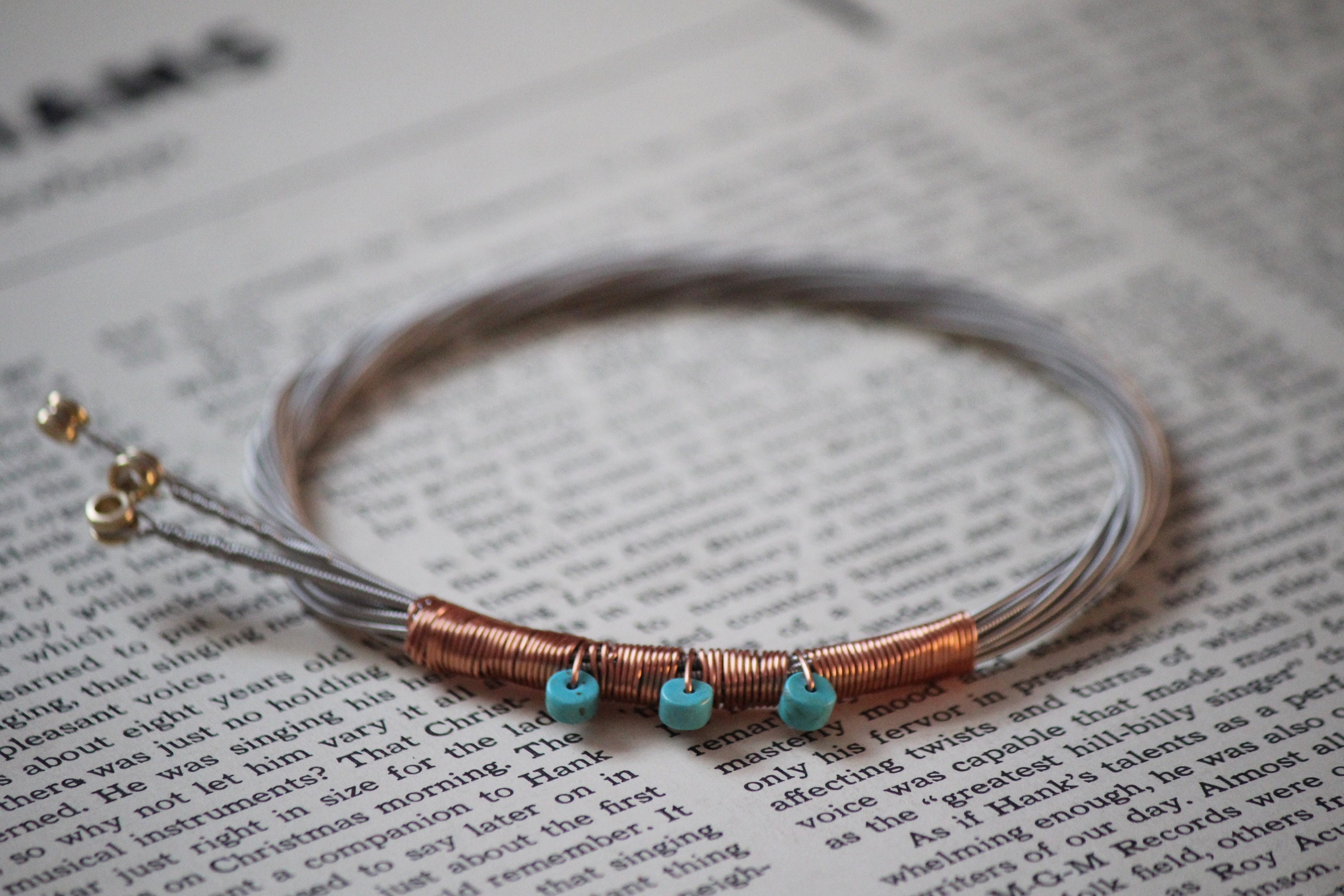 Handmade Guitar String Bracelet With Turquoise Stone Beads and Copper ...