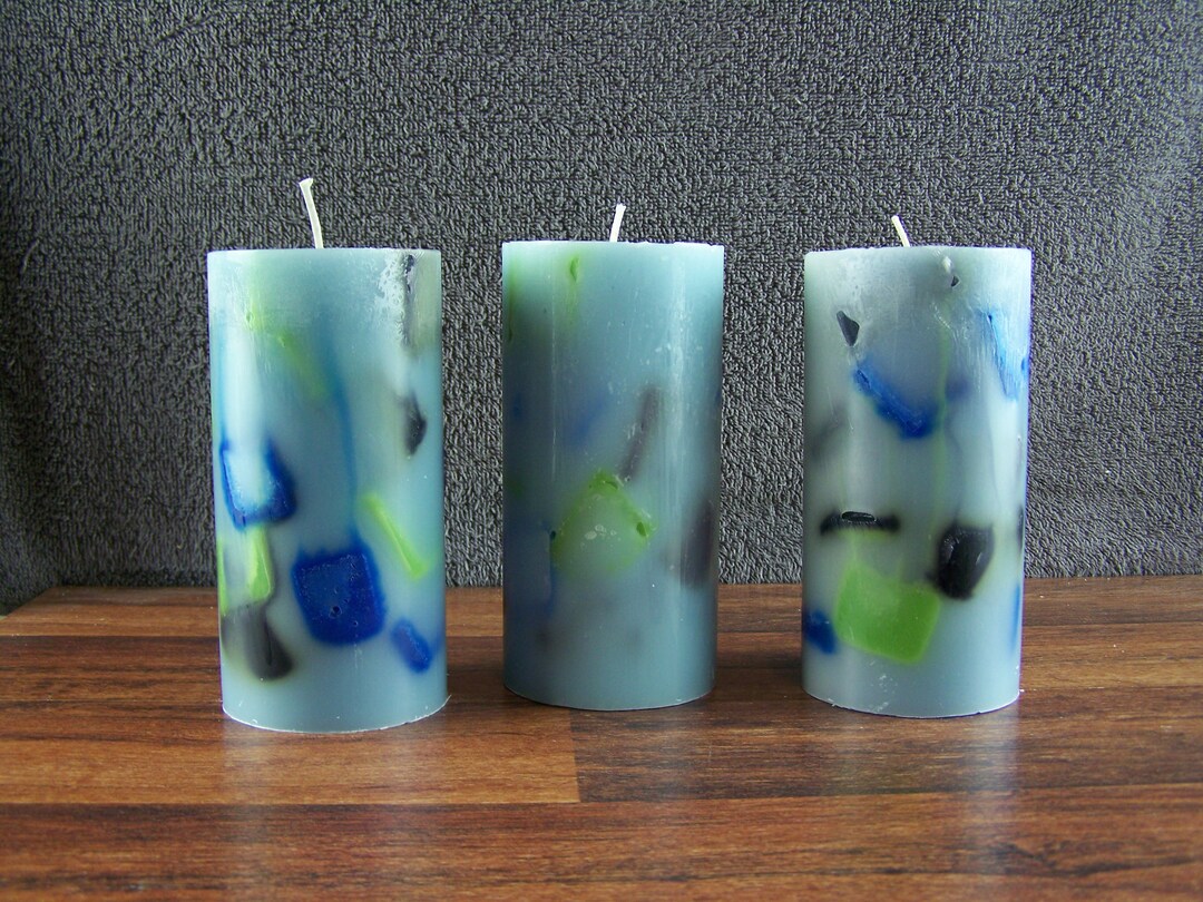 Set of 3 Cylinder Shaped Blue Chunk Round Pillar Candles. - Etsy