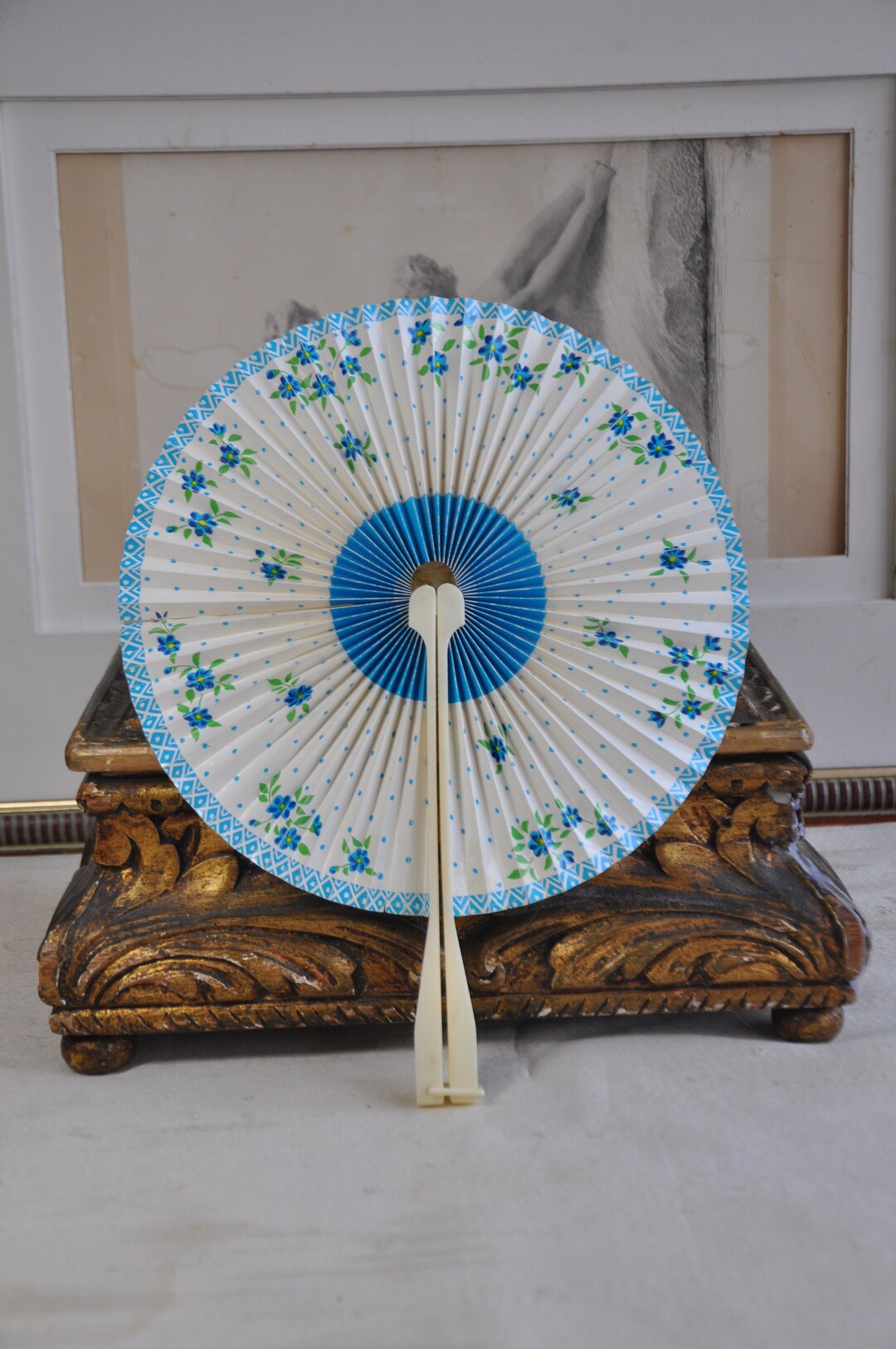 Vintage Chinese Folding Hand Fan, White and Blue Fan, Cockade Fan ...