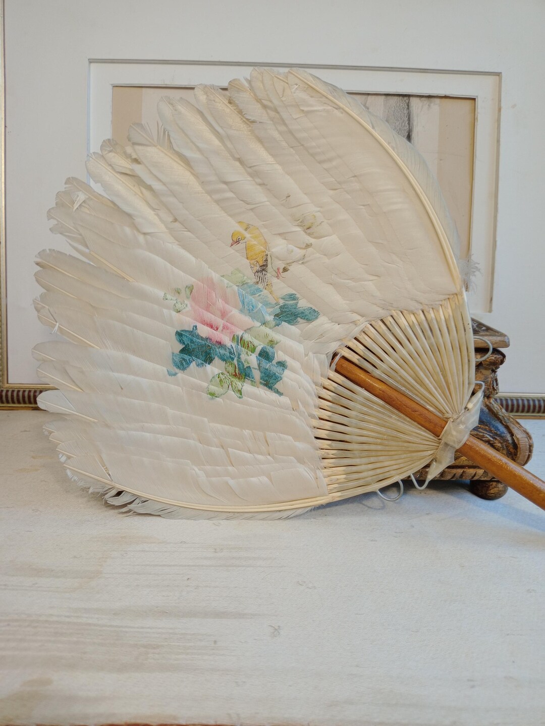 Antique Feather Hand Fan, Hand Screen, 1900s, Duck Feather Fan, Boudoir ...