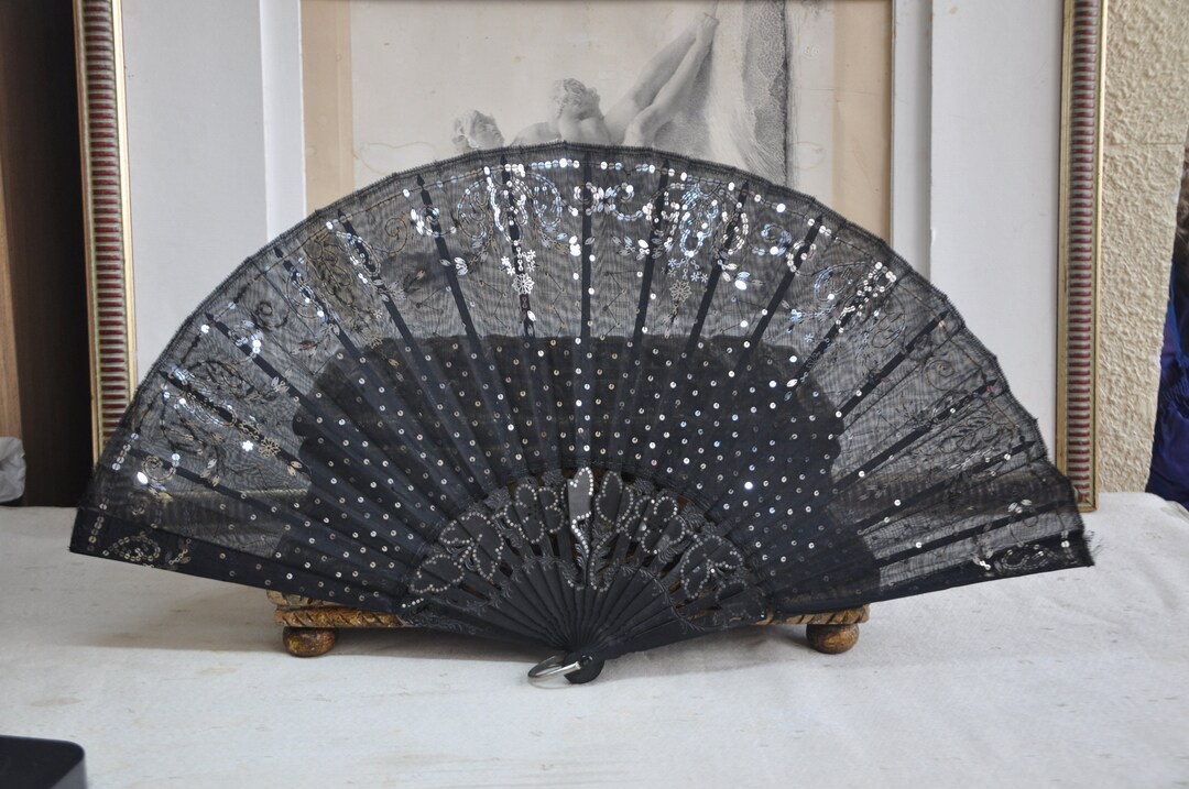 Gorgeous Victorian Antique 1900 French Fan, Antique Silver Star Sequins ...