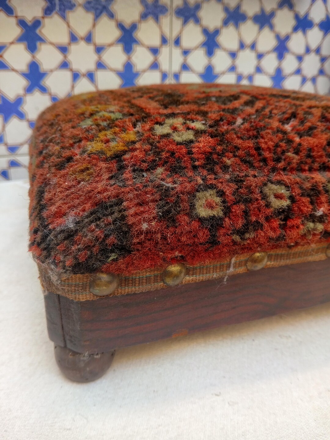 Antique French Tapestry Foot Stool: Wood Base, Salon, Living Room ...