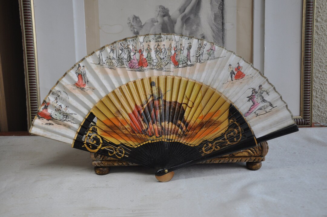 Vintage Spanish Fan, 1940s Flamenco Fan, Bullfighting Wood Fan, Black ...