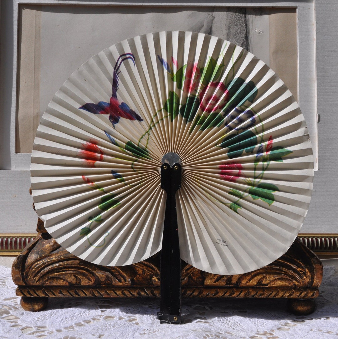 Vintage Chinese Folding Hand Fan Red Flowers Bird Cockade - Etsy