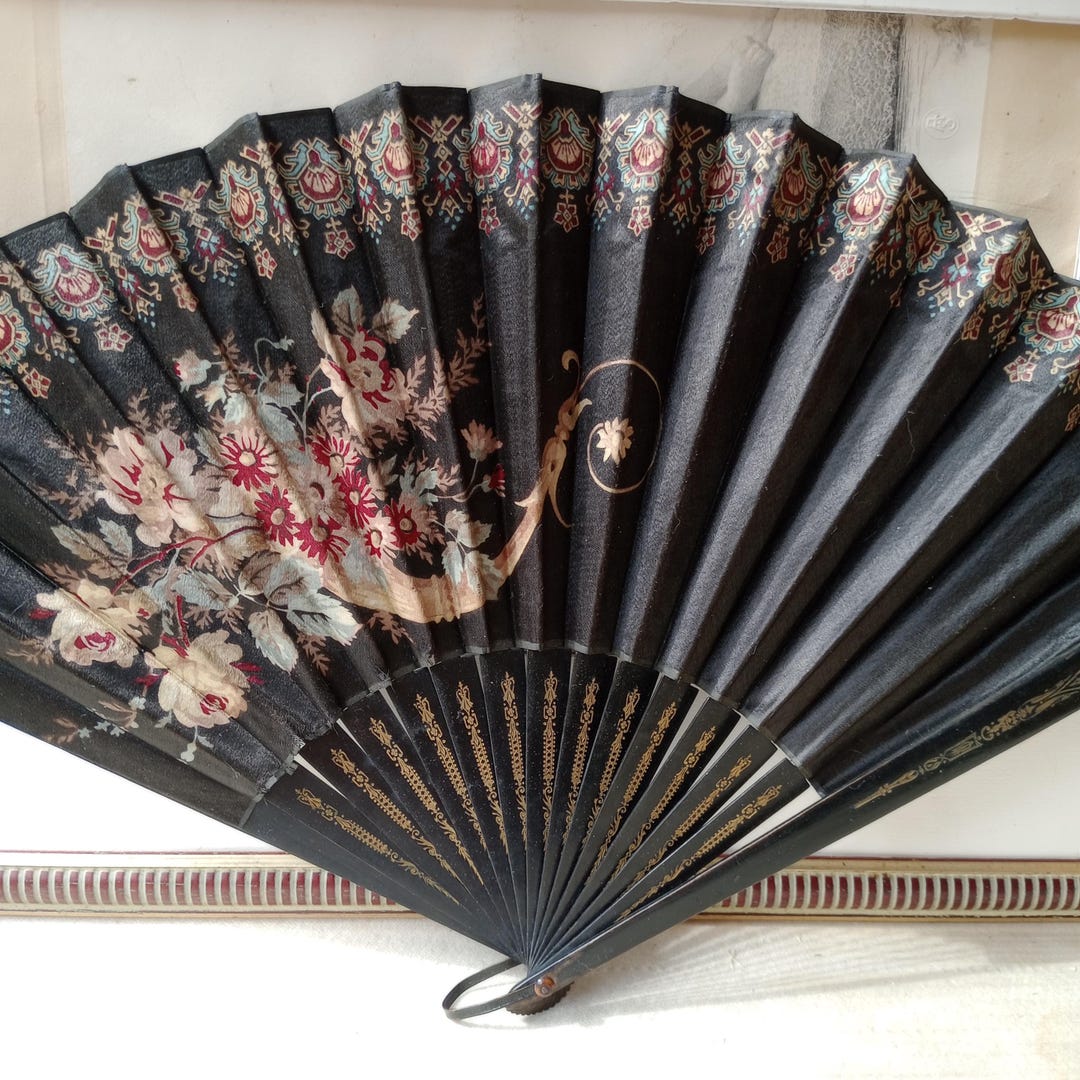 Antique Victorian French Hand Fan, Black Satin, Edeardian Ladies Hand ...