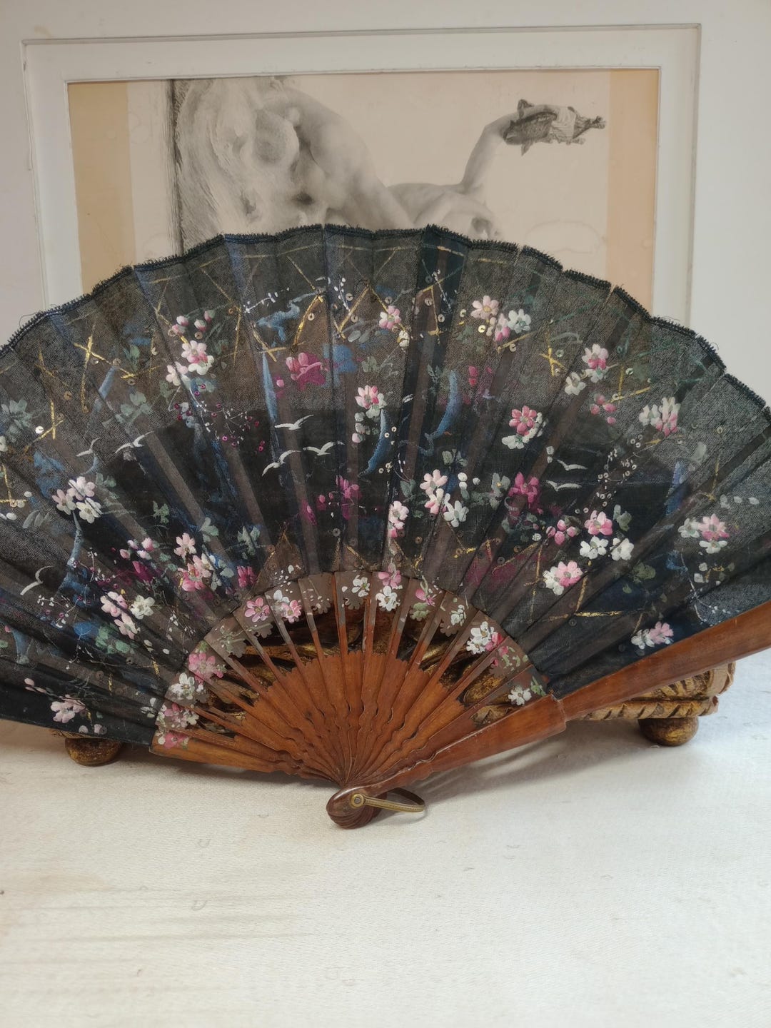 Victorian Antique Spanish Fan, Black Hand Fan, 1890 Vintage Ladies ...