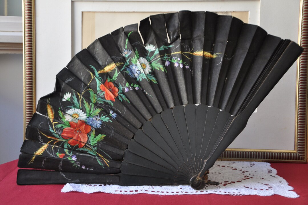 XL Victorian Antique French Fan, Antique Black Hand Fan, 1880-1890 ...