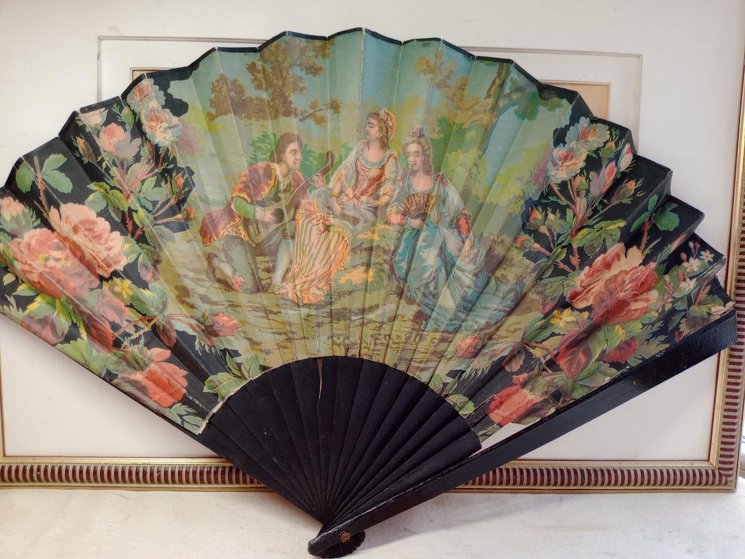 Antique Victorian French Hand Fan, Paper, Vintage Ladies Hand Fan, Wood ...