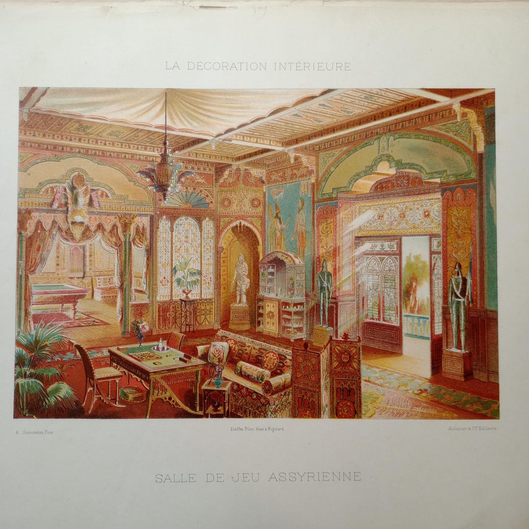 XL Antique French Lithograph, 1860s Interior Decoration, Living Room ...