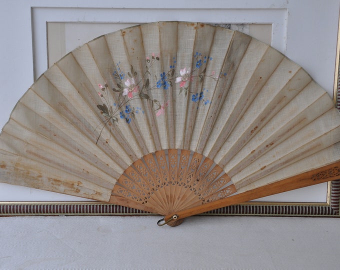 Antique French Hand Fan, 1890s Fan, Victorian Large Flowers Fabric Fan ...