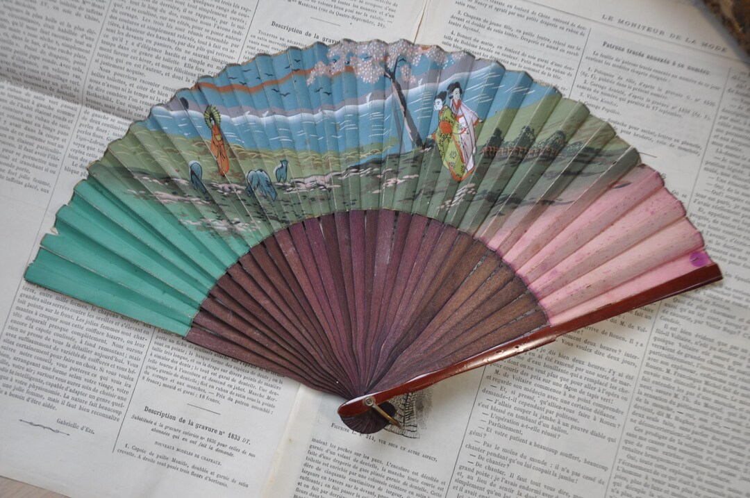 Antique Japanese Paper Hand Fan, Geisha, Purple Blue Folding Fan ...
