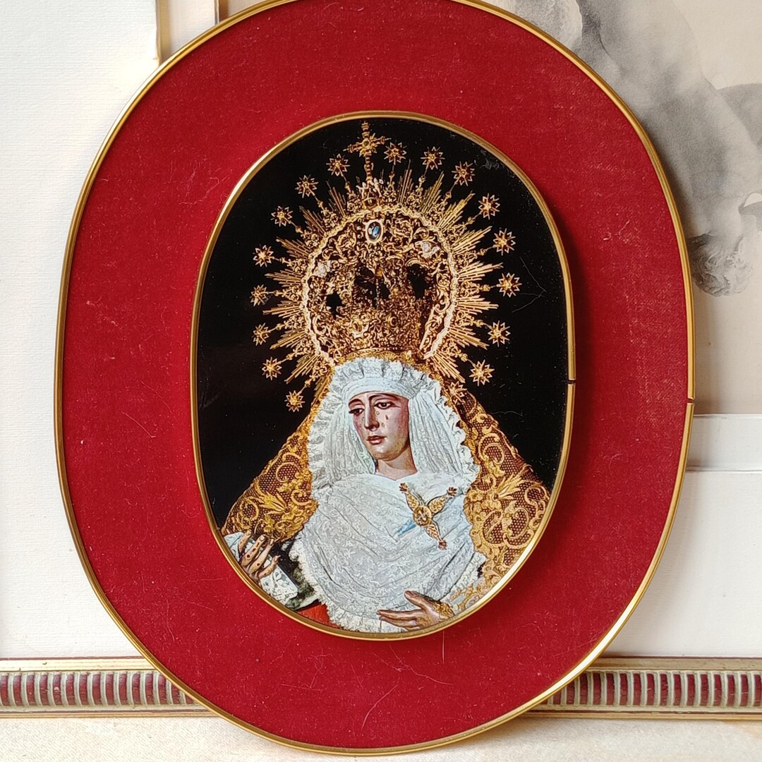 Large Vintage Spanish Virgin Mary Icon, Religious Shrine, Gold Tone ...