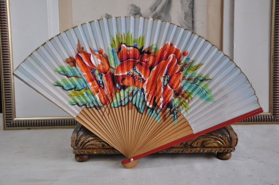 Gorgeous Vintage Asian Hand Fan, Red Ladies Hand Fan,… - Gem