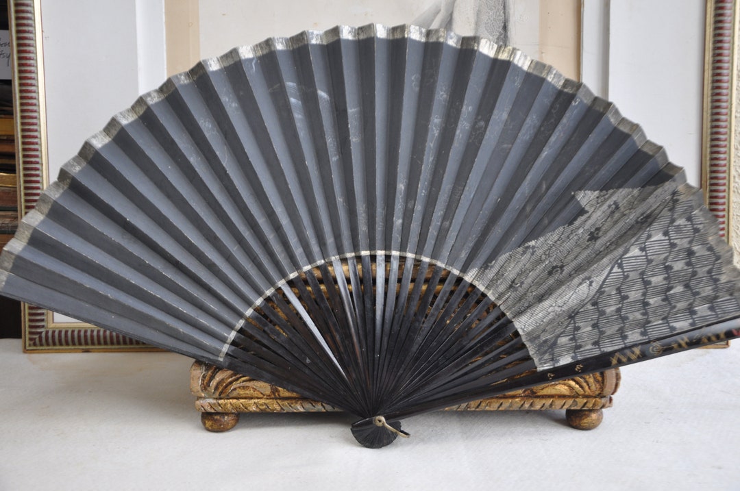 Vintage Japanese Hand Fan, Vintage Ladies Hand Fan, Black and Silver ...
