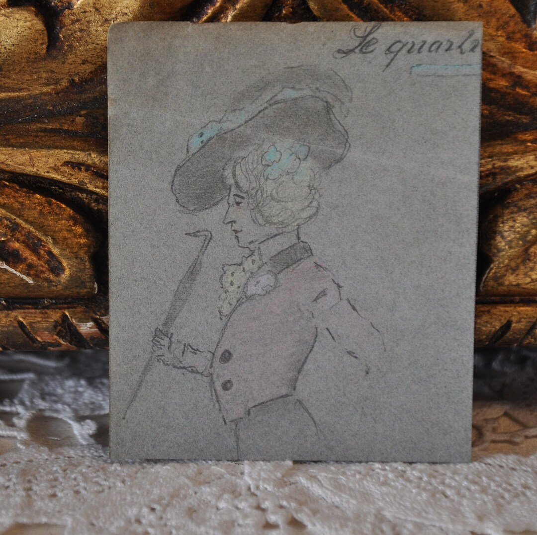 Fancy Miniature Antique French Drawing, Impressionist French Portrait ...