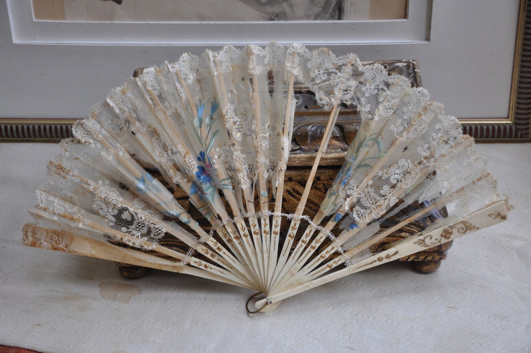 Antique French Hand Fan Vintage Ladies White Hand Fan Gauze - Etsy