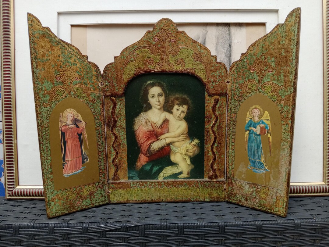 Xl Vintage Italian Virgin Mary Triptych Icon, Gold Gilt, 12" X 15 ...