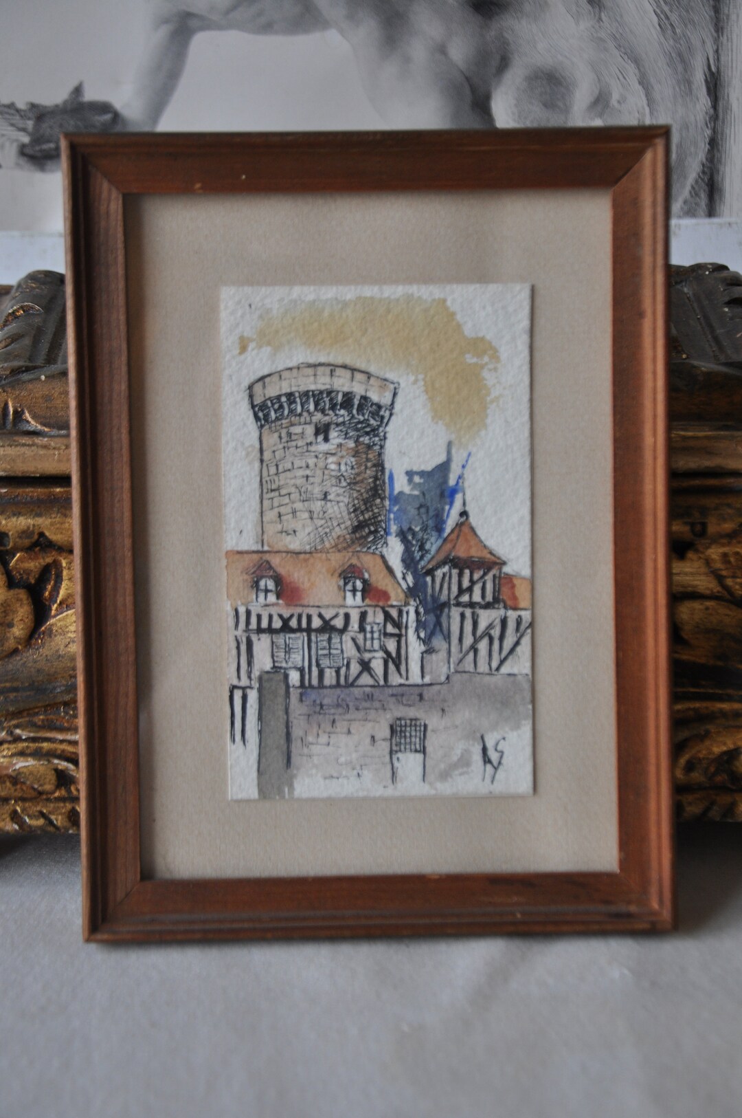 Pintura de castelo francês vintage, aquarela, imagem assinada, moldura ...