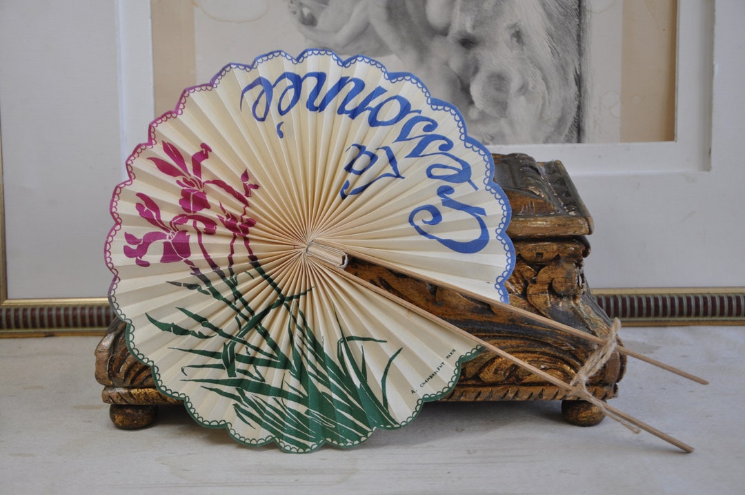Art Nouveau French Paper Fan, Advertising Hand Fan, Red and Blue ...