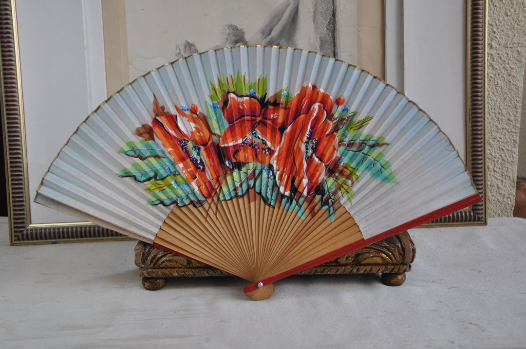 Gorgeous Vintage Asian Hand Fan, Red Ladies Hand Fan, Chinese Fan ...