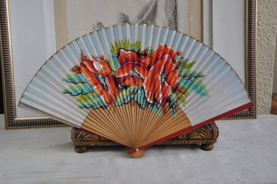 Gorgeous Vintage Asian Hand Fan, Red Ladies Hand Fan,… - Gem