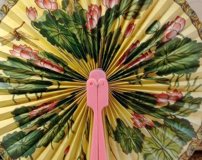 Vintage Chinese Folding Hand Fan, Pink Flamingos, Green, Red Fan ...