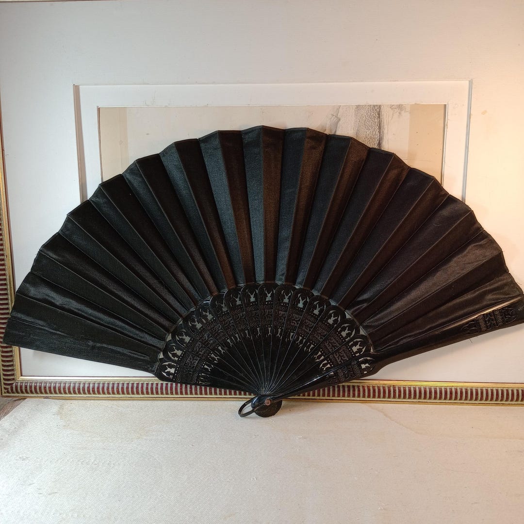 Antique Victorian French Fan, 1880s, Black Fabric Leaf, Vintage Black ...