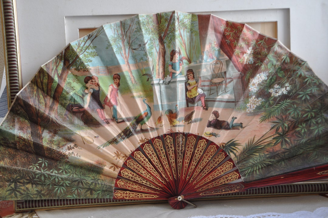 Charming XL Victorian Antique French Fan, Large 25 Fan, Lithograph of ...