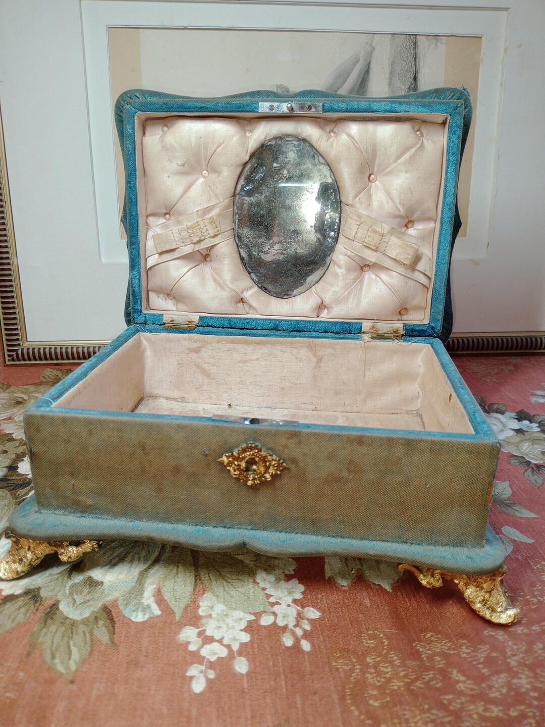 Gorgeous French Victorian 1800s Jewelry Box, Turquoise Antique Velvet ...