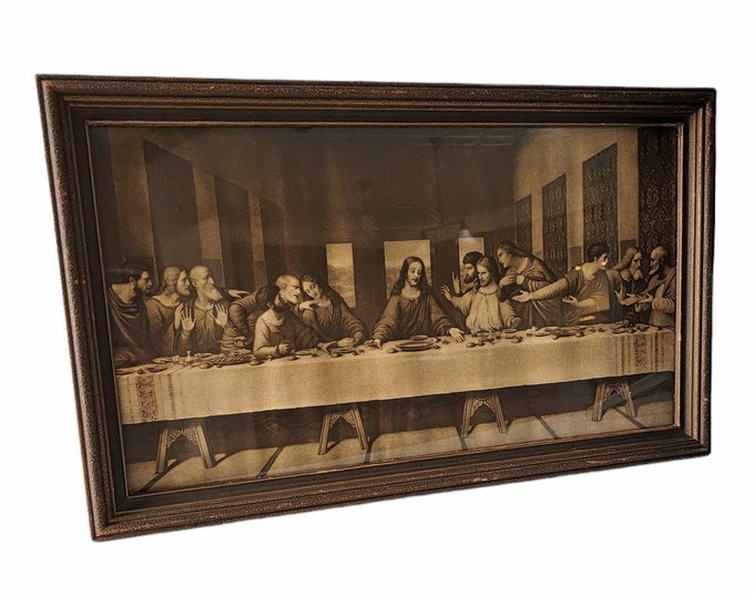 Antique Sepia Toned Print Last Supper Picture With Antique Wood Frame