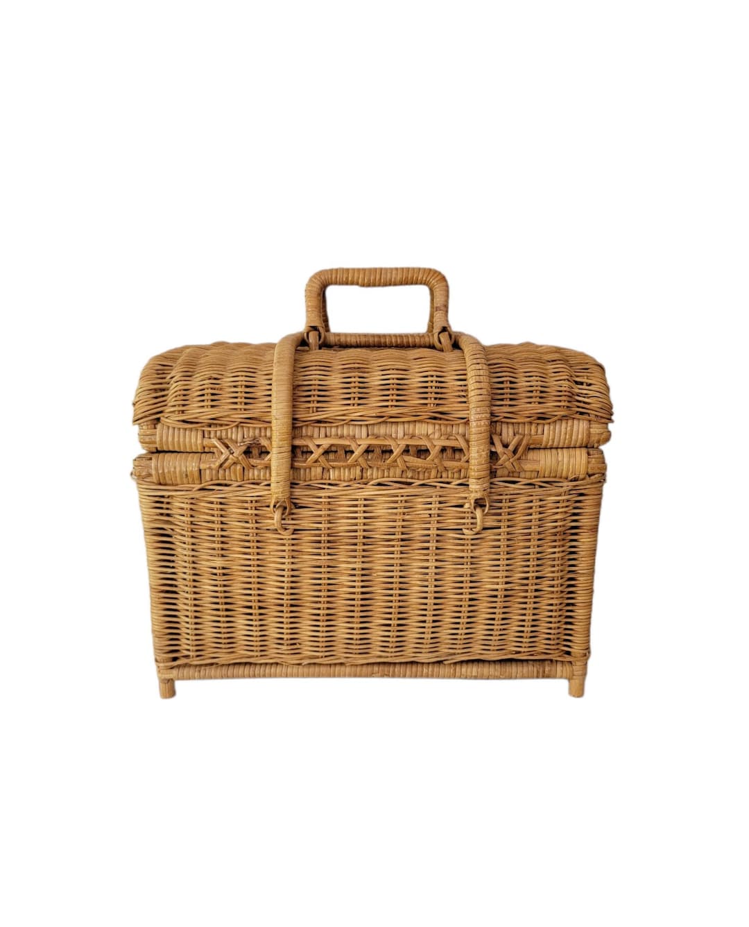 Vintage Wicker Rattan Picnic Basket / Woven Storage Basket / Sewing ...