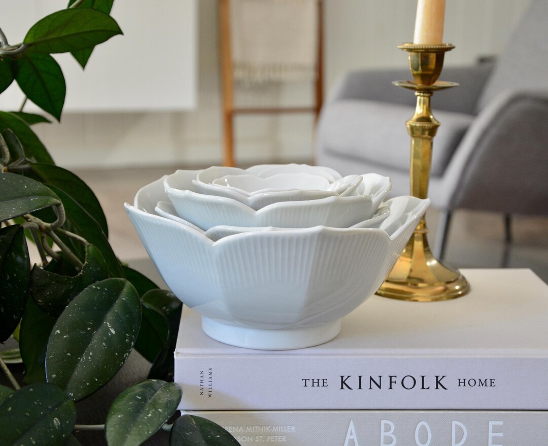 Set of 5 Vintage Lotus Flower Bowls Stacking White Ceramic Nesting ...