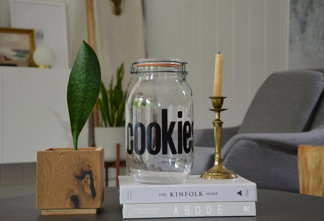 Large Vintage Modern Glass Typography Cookie Jar Flip Top Lock Down ...