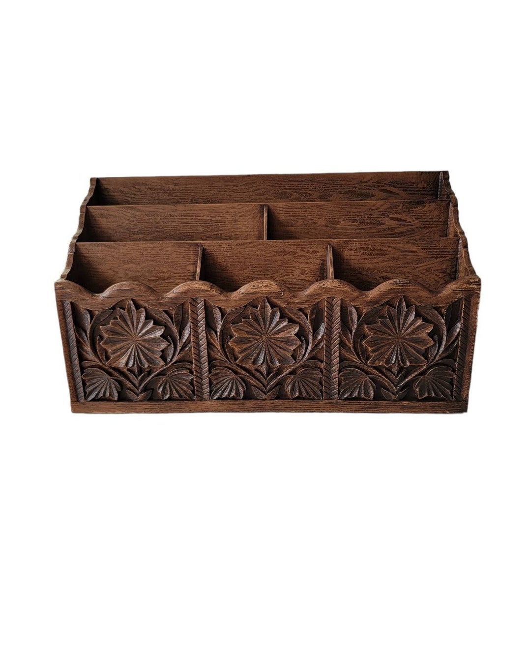 Mid Century Carved Faux Bois Wood Office File Storage / Mail Holder ...
