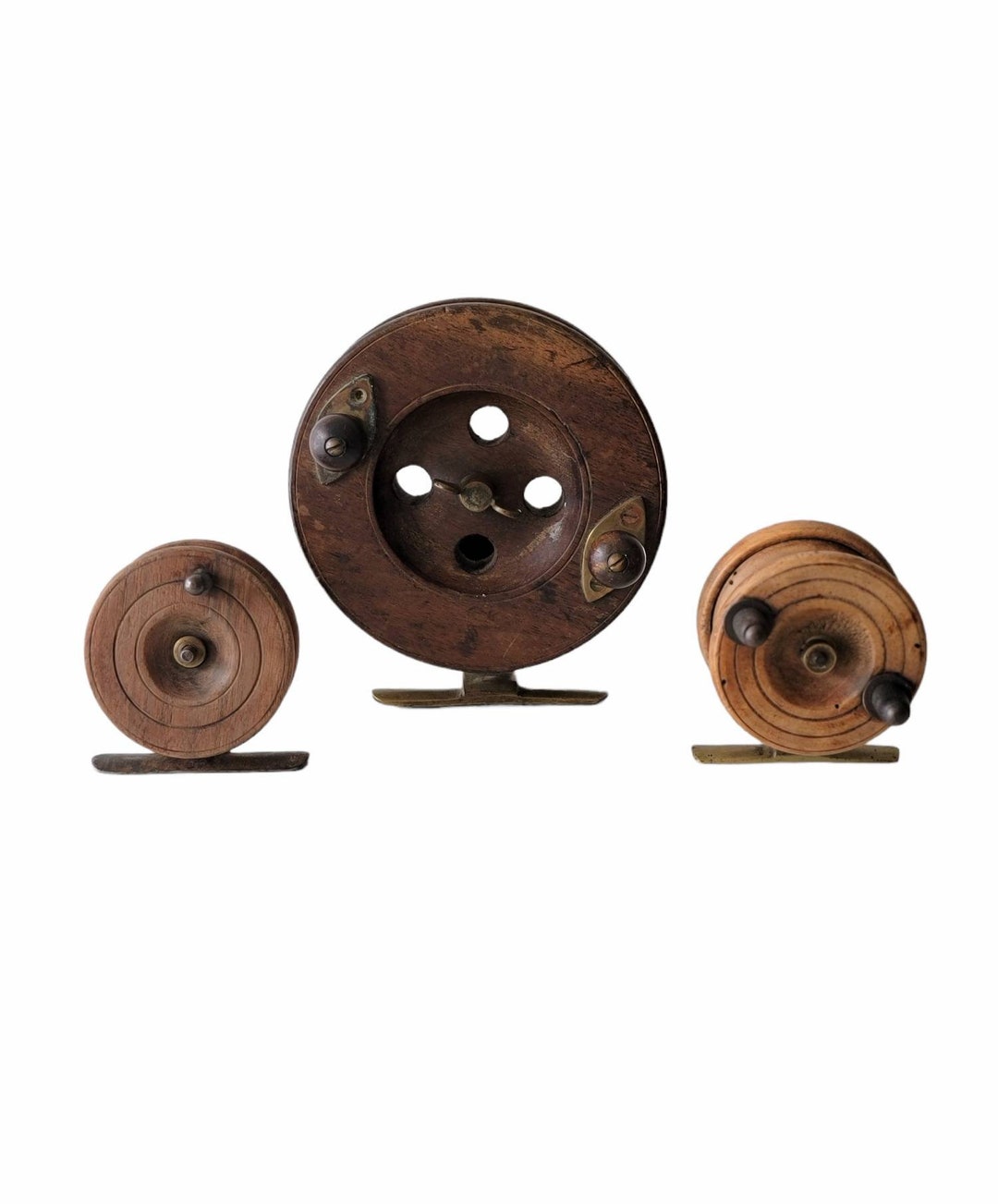 Antique Curated Set of Three Wood and Brass Fishing Reels / Collectors ...