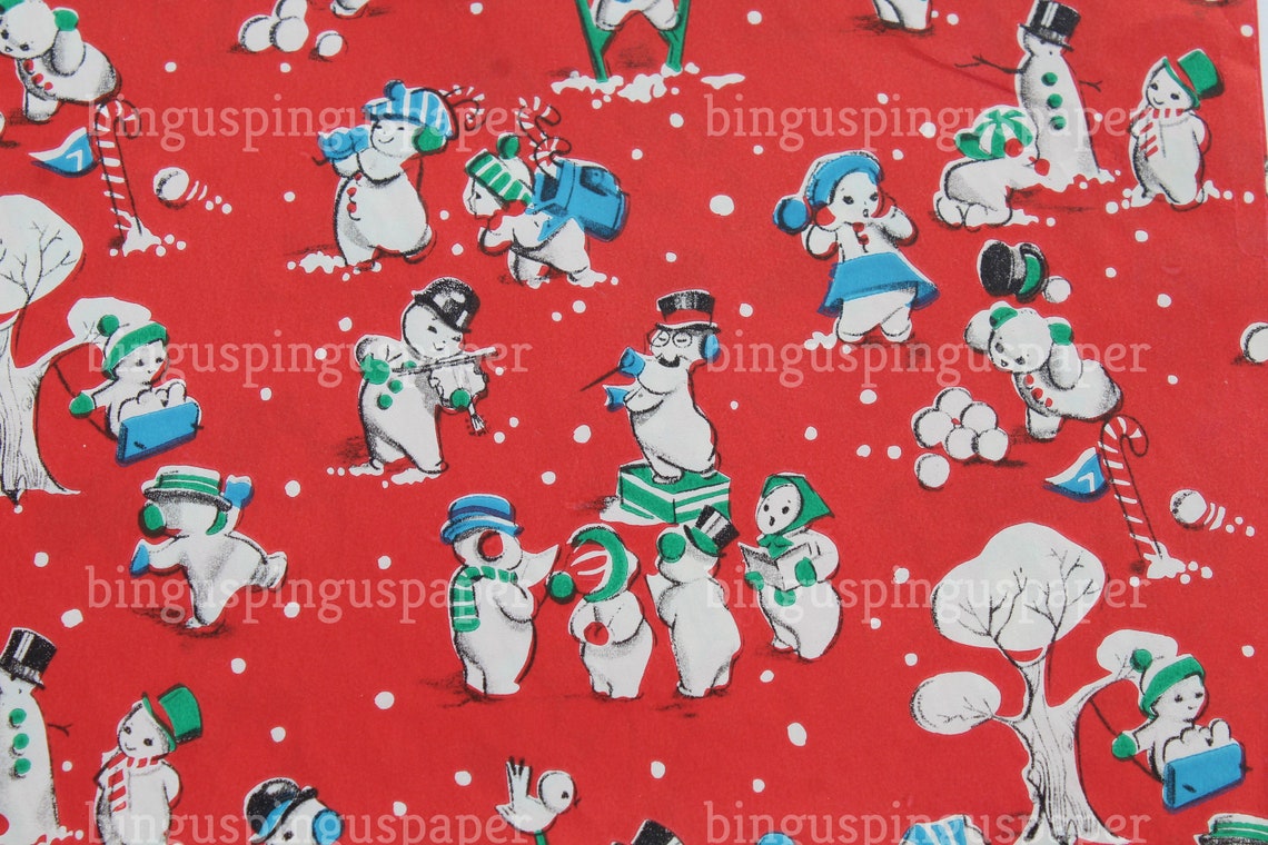 Snowman Christmas Gift Wrapping Paper Cute fashioned Red | Etsy