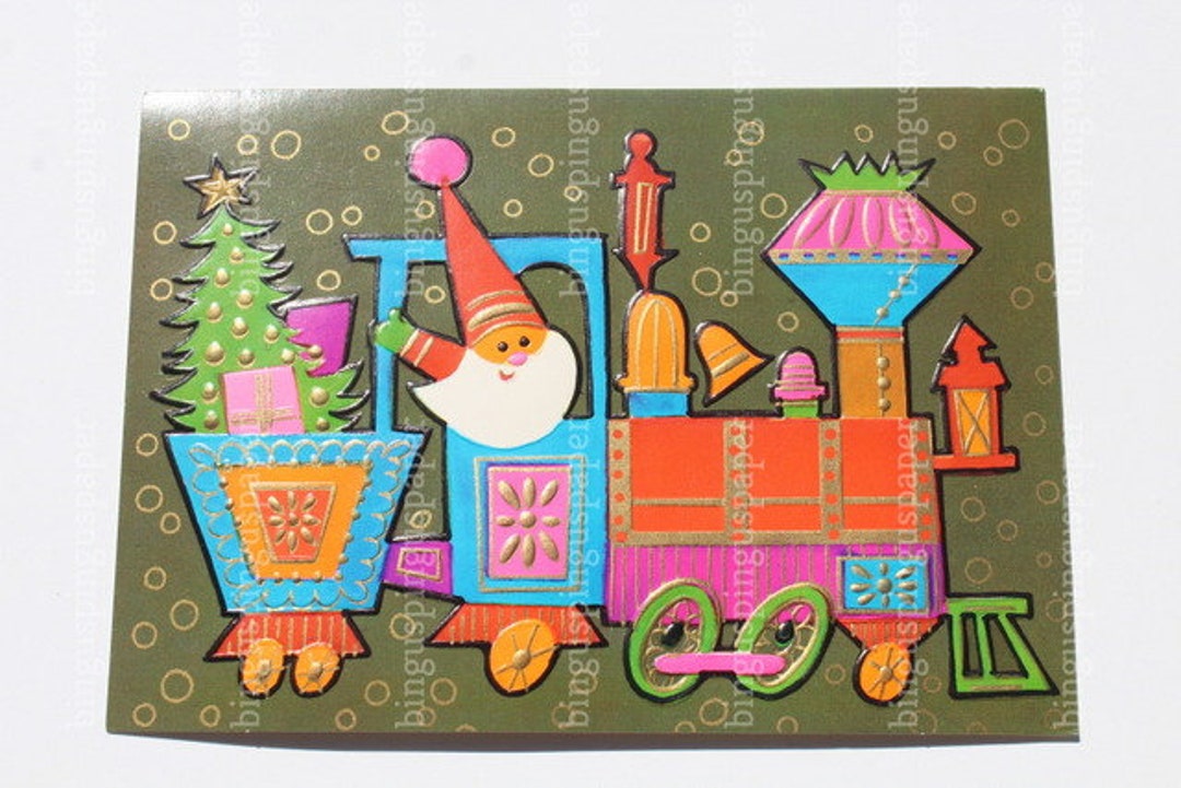 Mod Retro Santa in Steam Engine Train Christmas Card, Mod Glossy ...