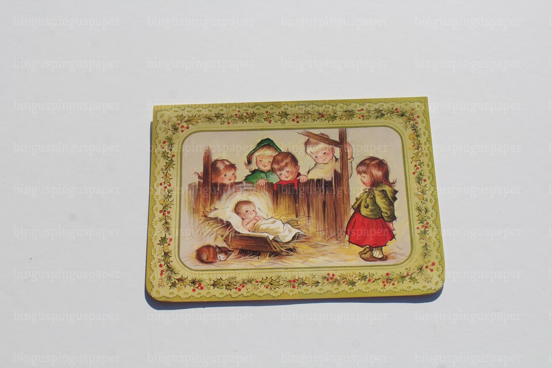 Children & Baby Jesus in Crib Christmas Card Cute Kitten Sleeping - Etsy