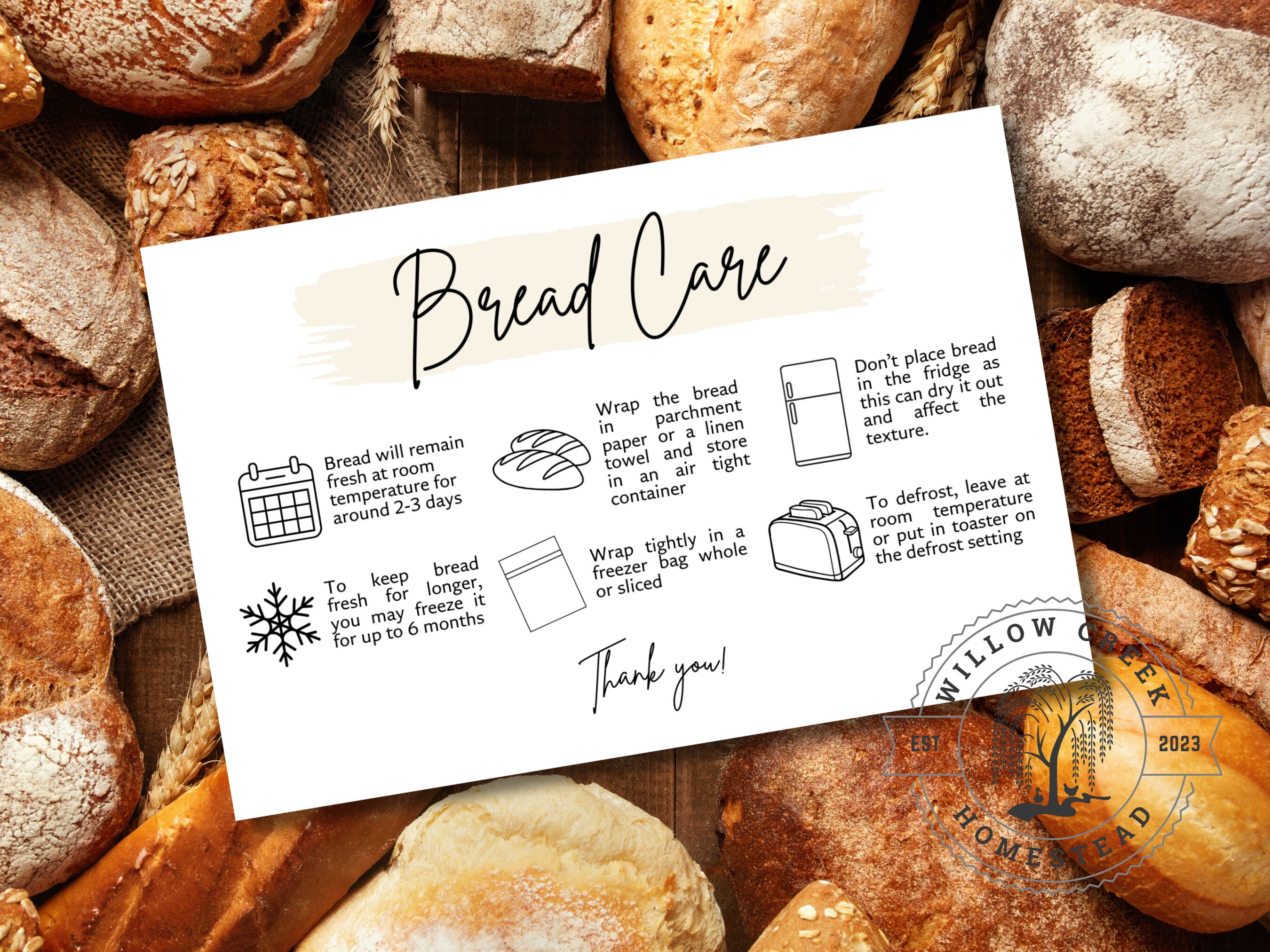 PRINTABLE Sourdough Bread Care Card | Homemade Bread Care Card | PDF ...