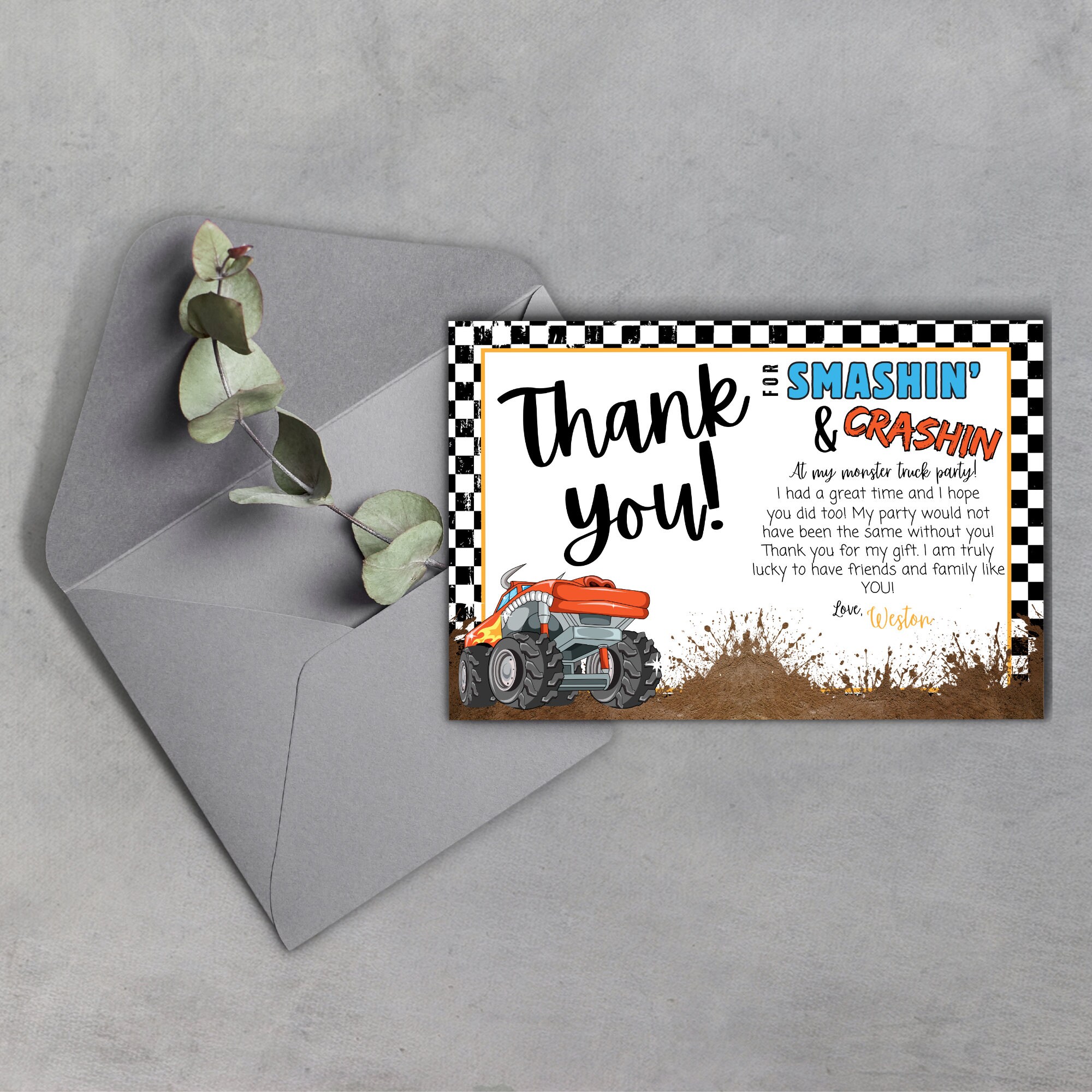 EDITABLE Monster Truck Thank You Card | Boy Birthday Thank You Card ...