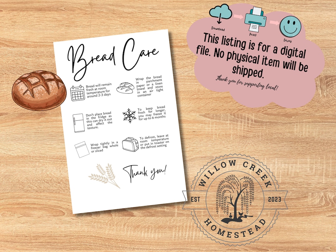 PRINTABLE Sourdough Bread Care Card | Homemade Bread Care Card | PDF ...