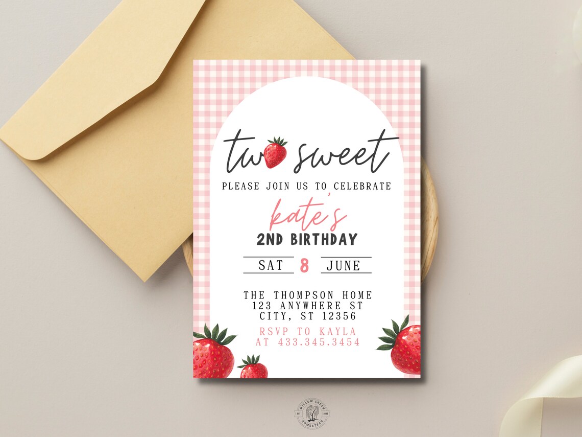 EDITABLE Second Birthday Invitation | Two Sweet Strawberry Birthday ...