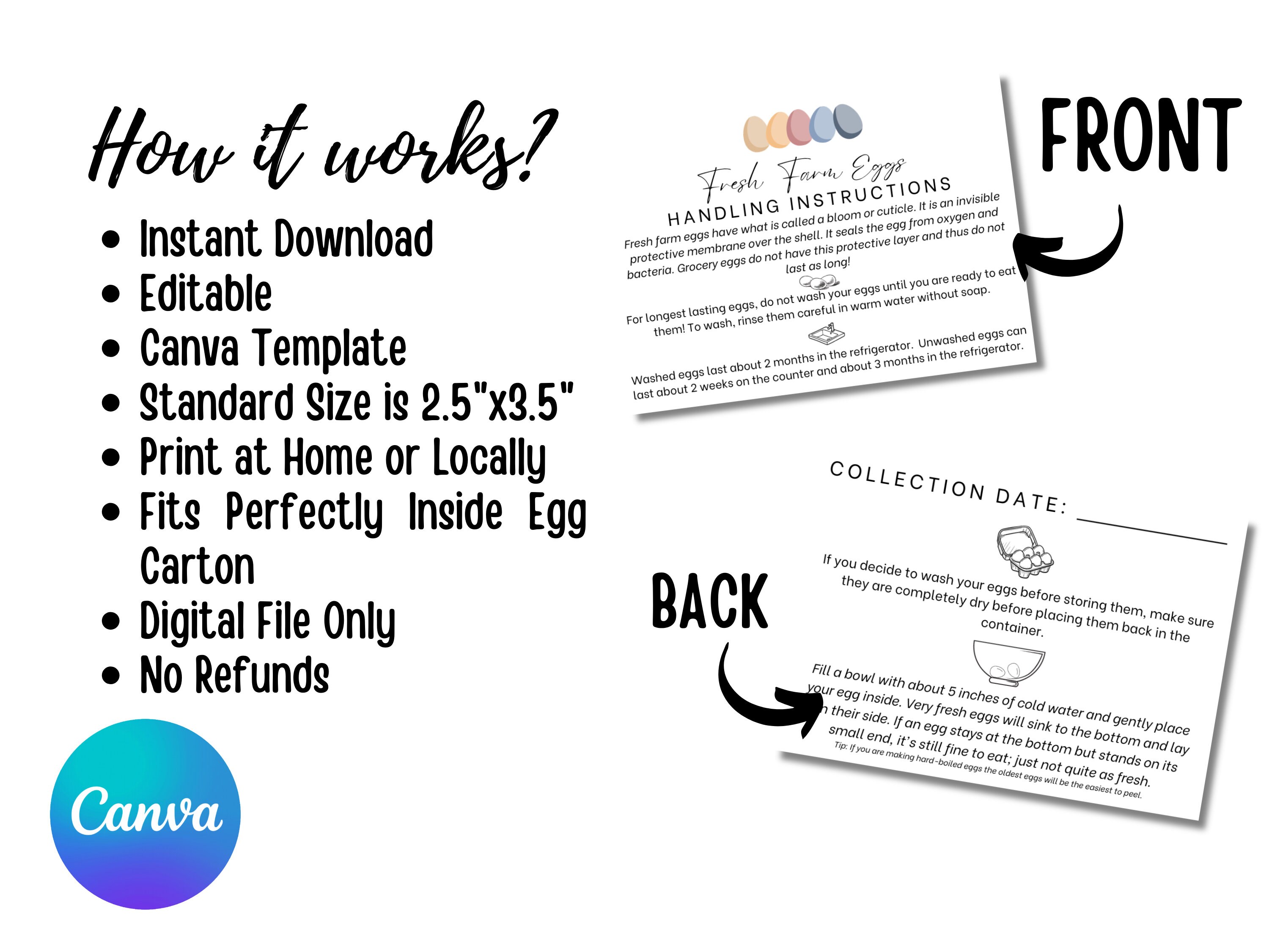 EDITABLE Farm Fresh Egg Card Egg Handling Instruction Farm Stand ...