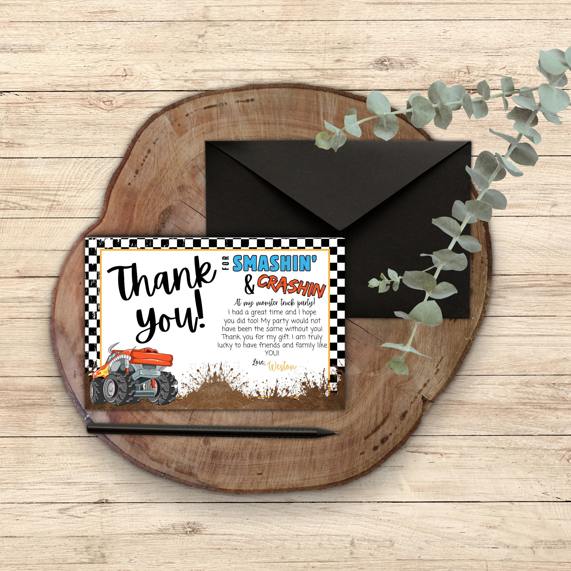 EDITABLE Monster Truck Thank You Card | Boy Birthday Thank You Card ...