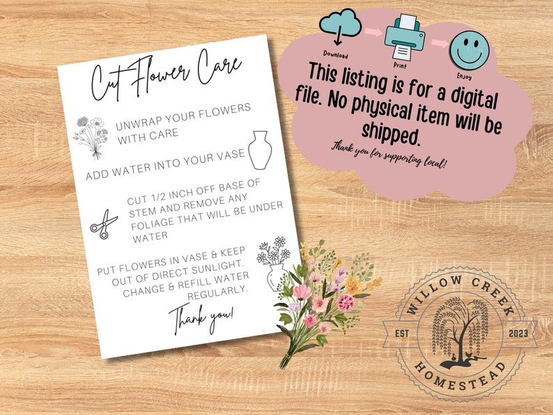 PRINTABLE Cut Flower Care Card | Fresh Bouquet Care Instructions | Cut ...